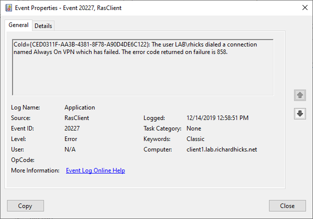 Always On VPN Error Code 858 | Richard M. Hicks Consulting, Inc.